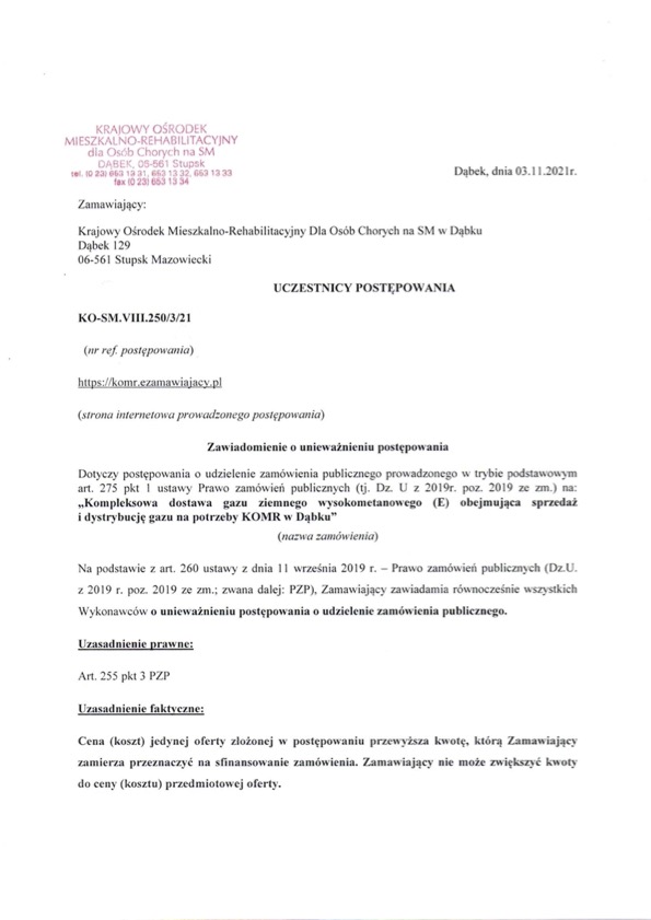 Informujemy, że postępowanie o nazwie '„Kompleksowa dostawa gazu ...