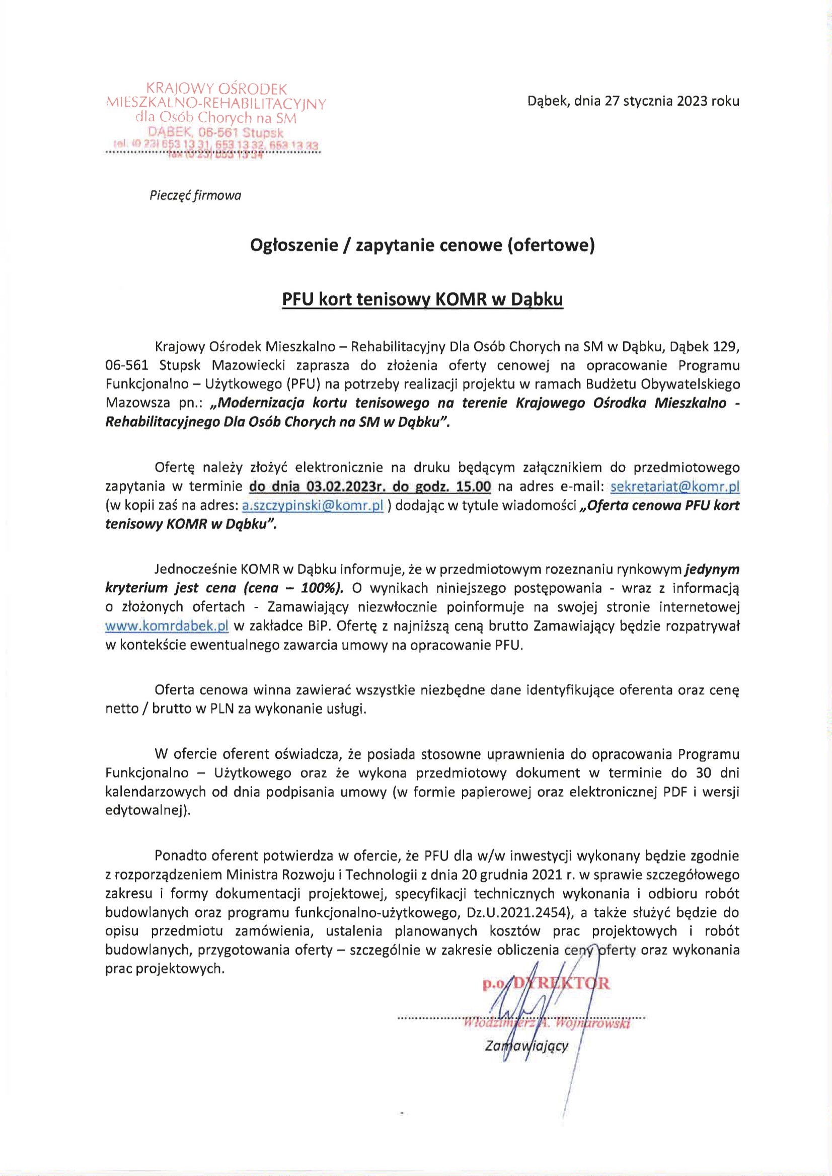 Zapytania Ofertowe - Biuletyn Informacji Publicznej - KOMR Dąbek